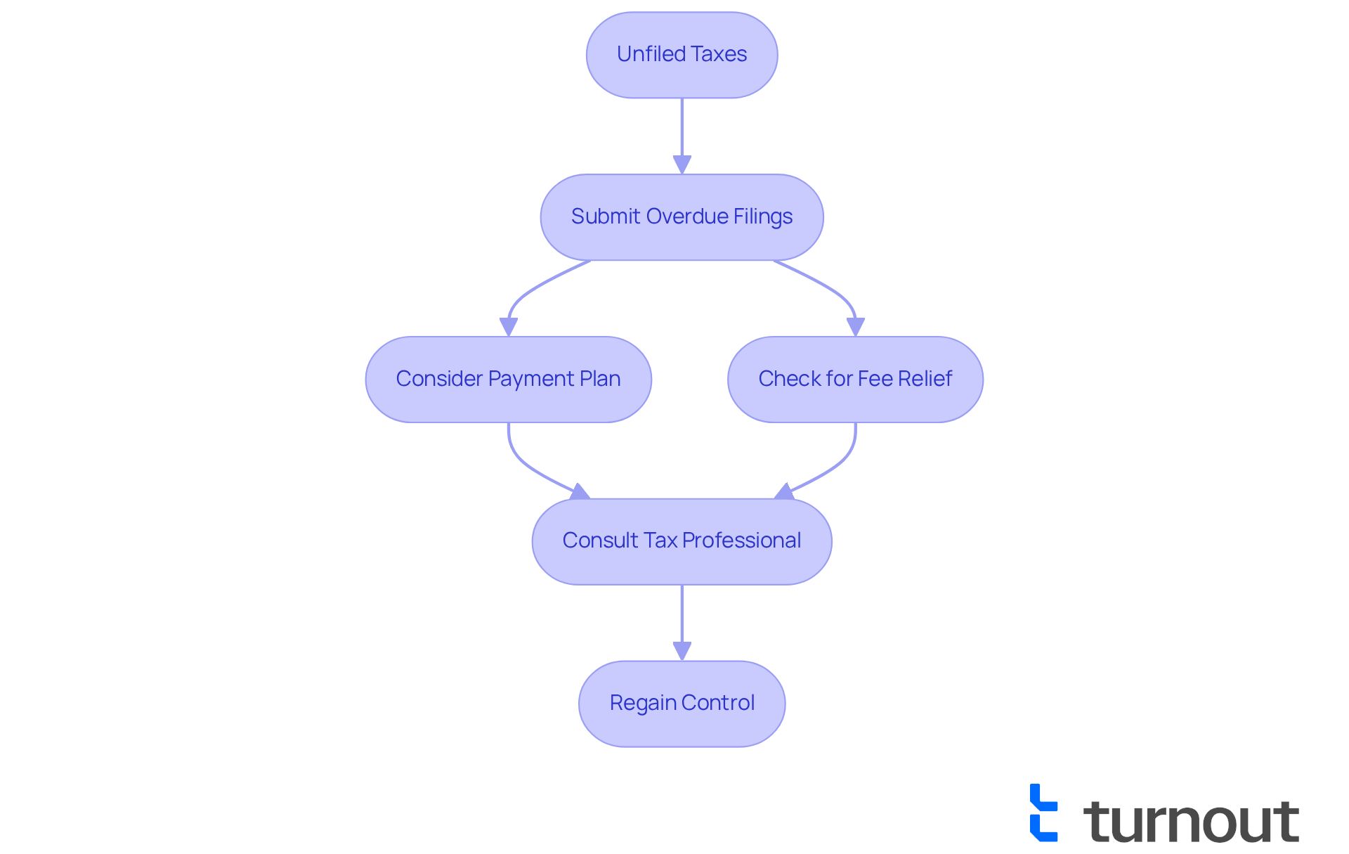 This flowchart shows the actions you can take if you haven't filed your taxes. Each box represents a step in the process, and you can follow the arrows to see what to do next.