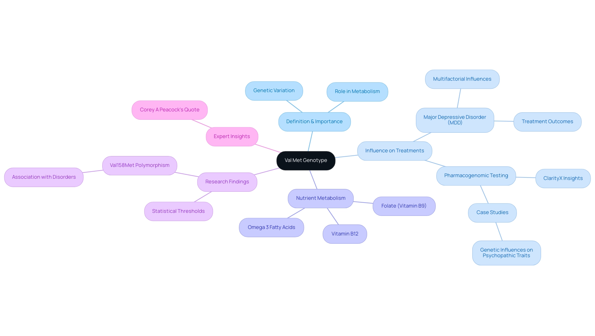The central node represents the val met genotype, with branches illustrating its definition, treatment influences, nutrient interactions, research findings, and expert insights. The central node represents the val met genotype, with branches illustrating its definition, treatment influences, nutrient interactions, research findings, and expert insights.