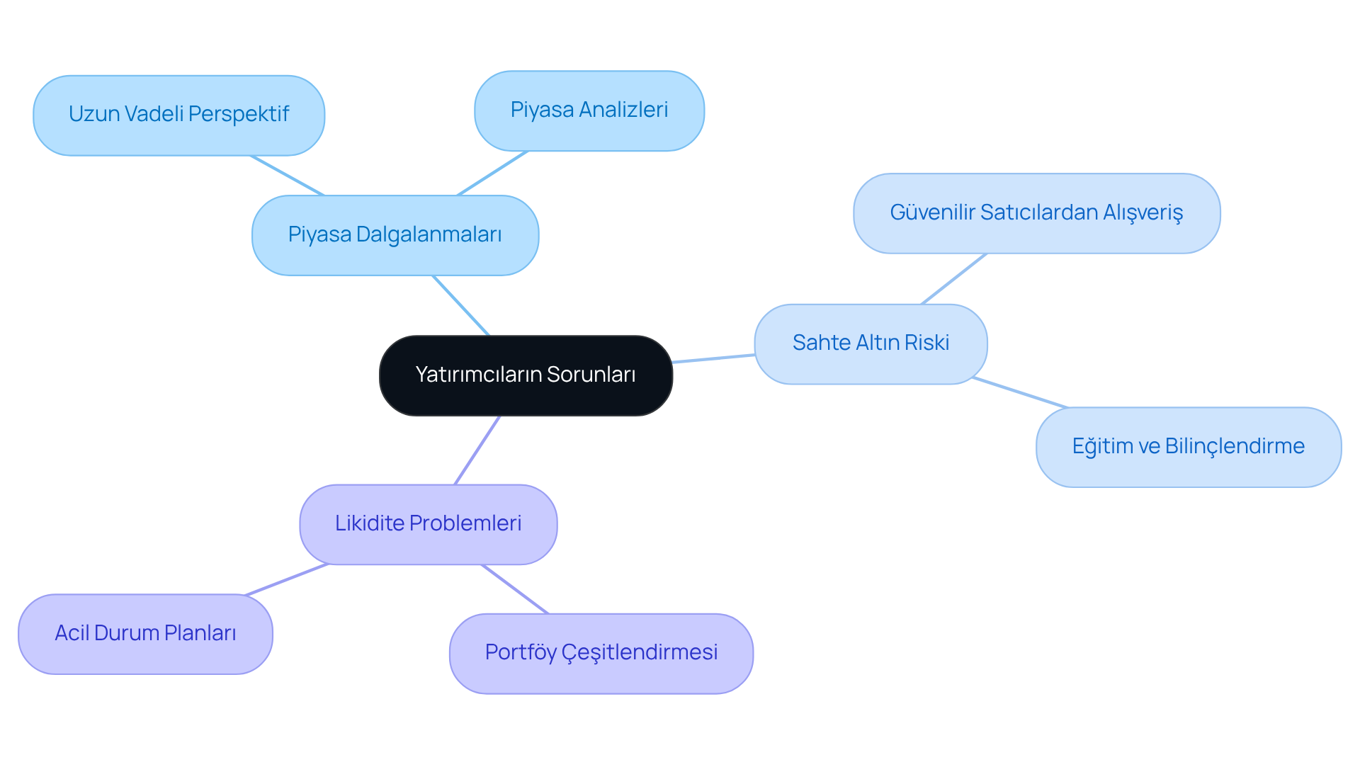 Merkezdeki konu, yatırımcıların karşılaştığı sorunları temsil ediyor. Dallar, her bir sorunu ve ona yönelik çözüm önerilerini gösteriyor. Renkler, her sorunun farklılığını vurgulamak için kullanılıyor.