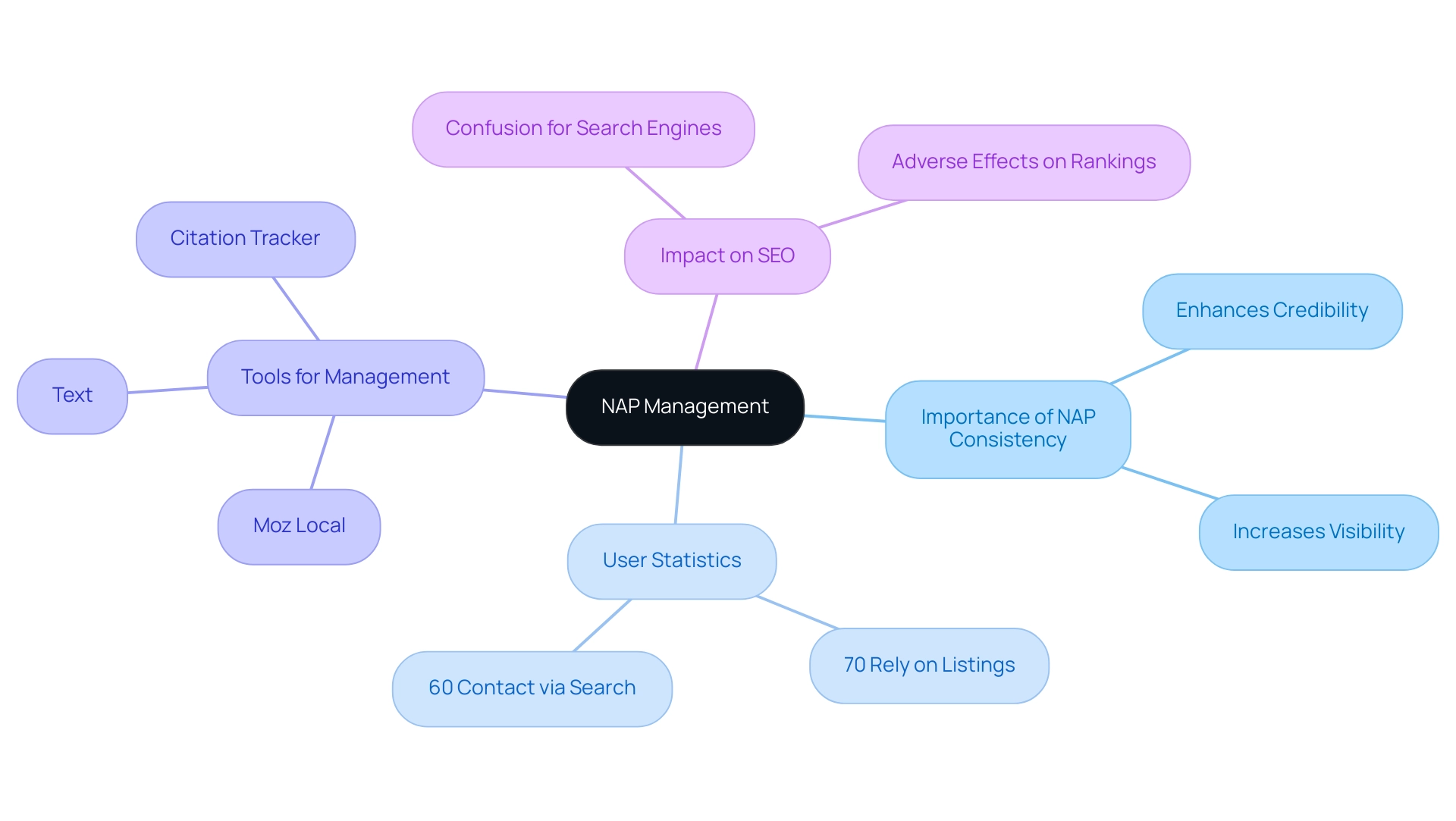 Each branch represents a key aspect of NAP management, with colors indicating different categories of information.