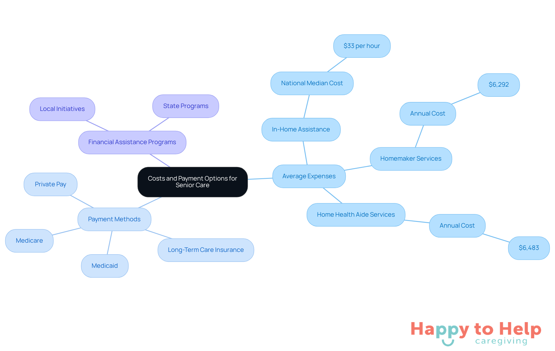 The central node represents the overall theme, while branches show different aspects of costs and payment options. Each color-coded branch helps you easily identify categories and their subcomponents.