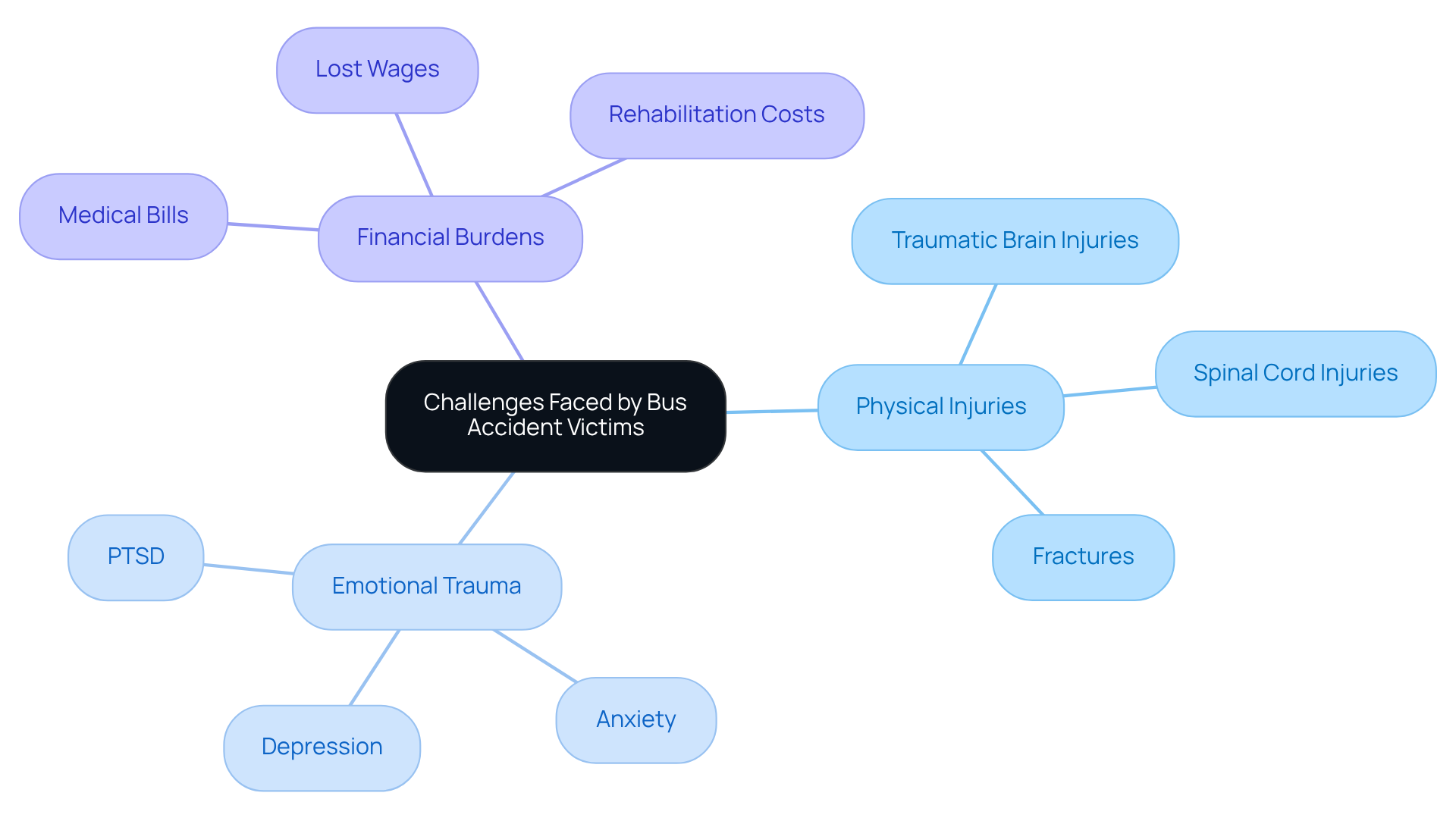 This mindmap illustrates the various challenges that bus accident victims encounter. Each branch represents a different type of challenge, and the sub-branches detail specific issues within those categories. This visual helps to understand how complex and interconnected these challenges can be. This mindmap illustrates the various challenges that bus accident victims encounter. Each branch represents a different type of challenge, and the sub-branches detail specific issues within those categories. This visual helps to understand how complex and interconnected these challenges can be.