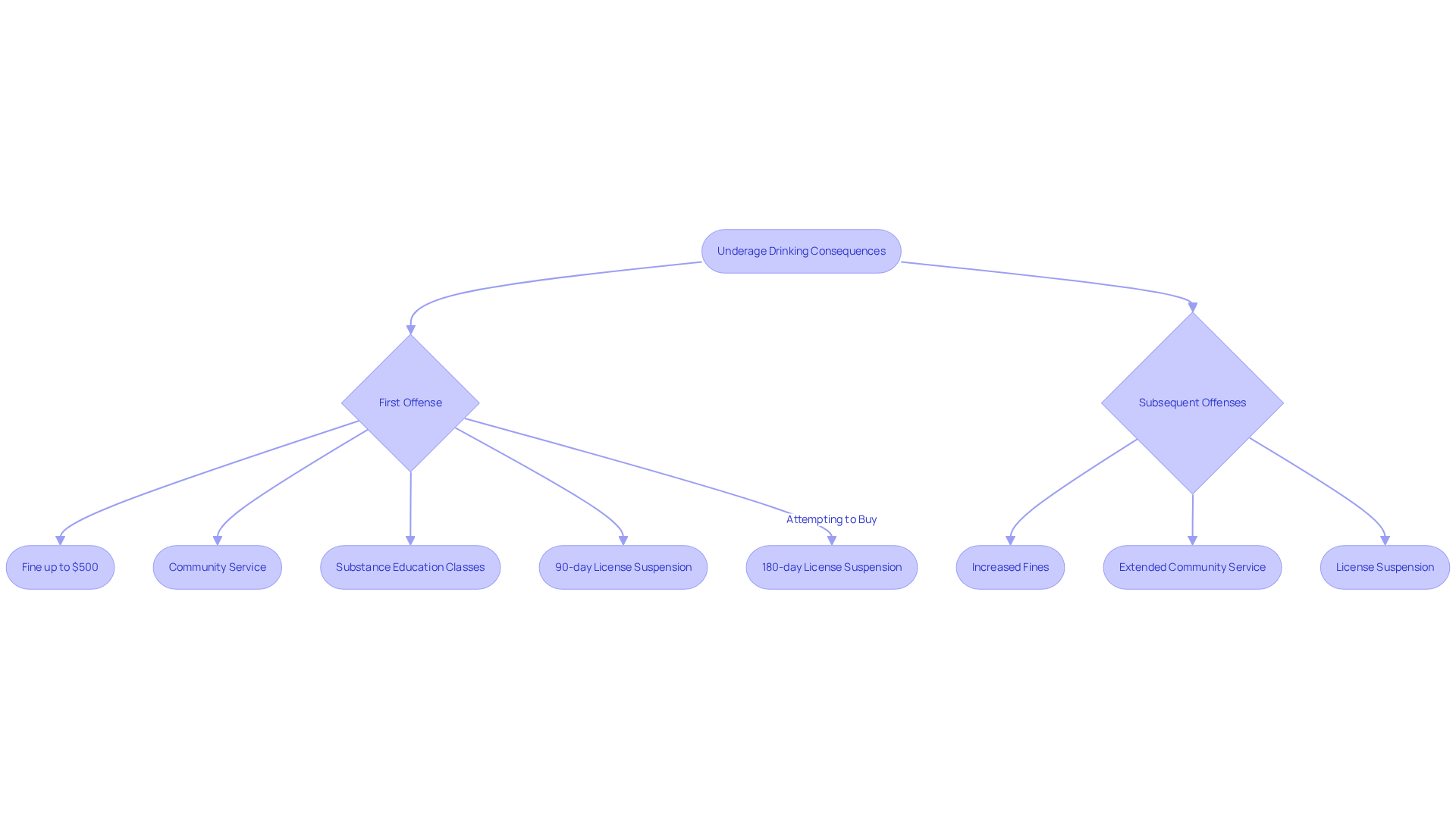 This flowchart shows the legal consequences of underage drinking. Follow the paths to see what happens for first-time and subsequent offenses, including fines, community service, and license suspensions. This flowchart shows the legal consequences of underage drinking. Follow the paths to see what happens for first-time and subsequent offenses, including fines, community service, and license suspensions.