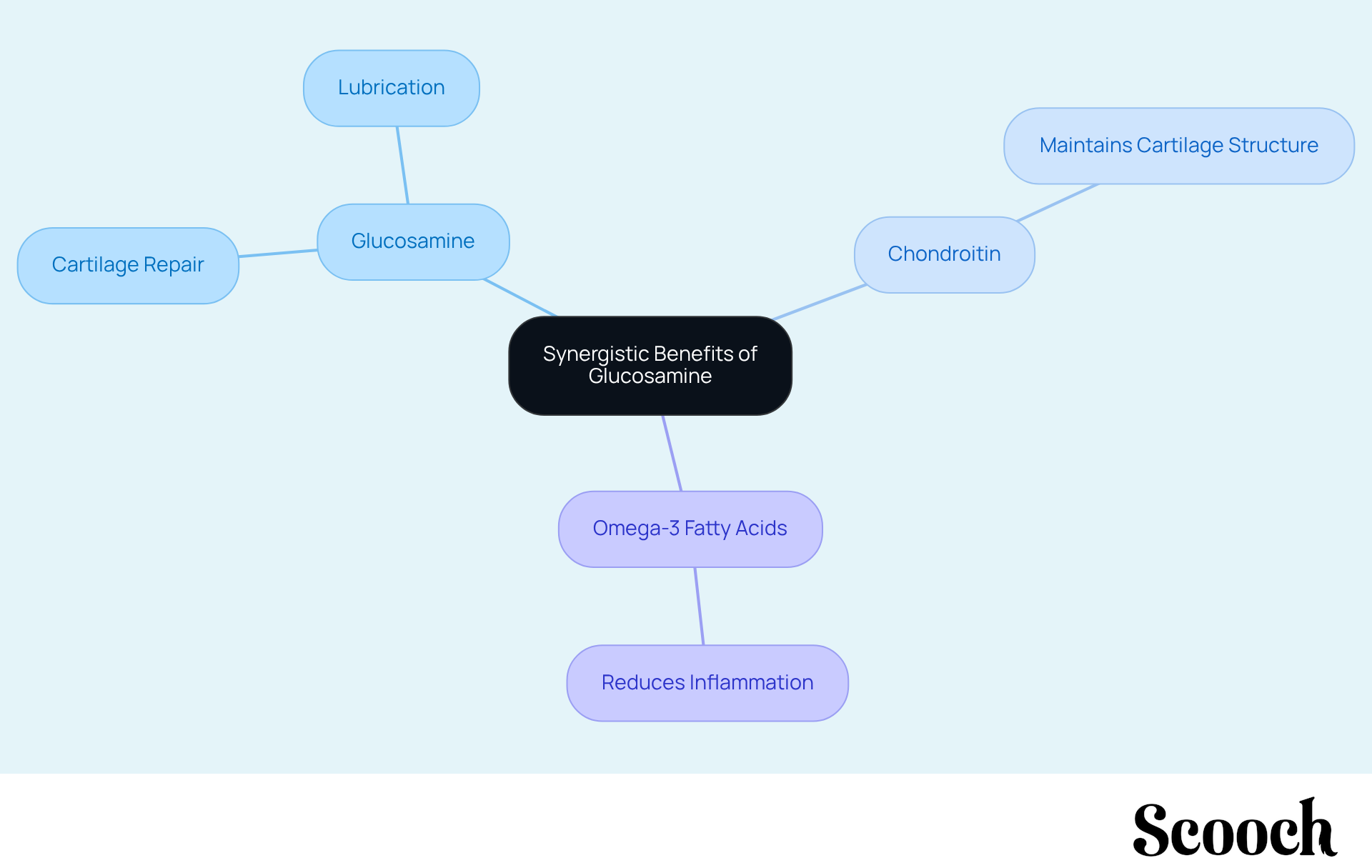 Start at the center with glucosamine, then explore how it connects with chondroitin and omega-3s. Each branch shows what each supplement does to support your dog's joint health.