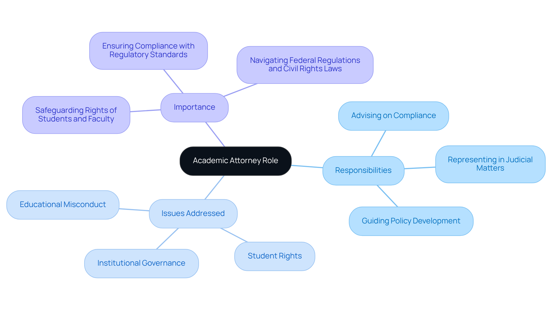 The central node represents the academic attorney's role, with branches showing their key responsibilities and the issues they tackle. Each color-coded section helps you quickly identify different aspects of their work.
