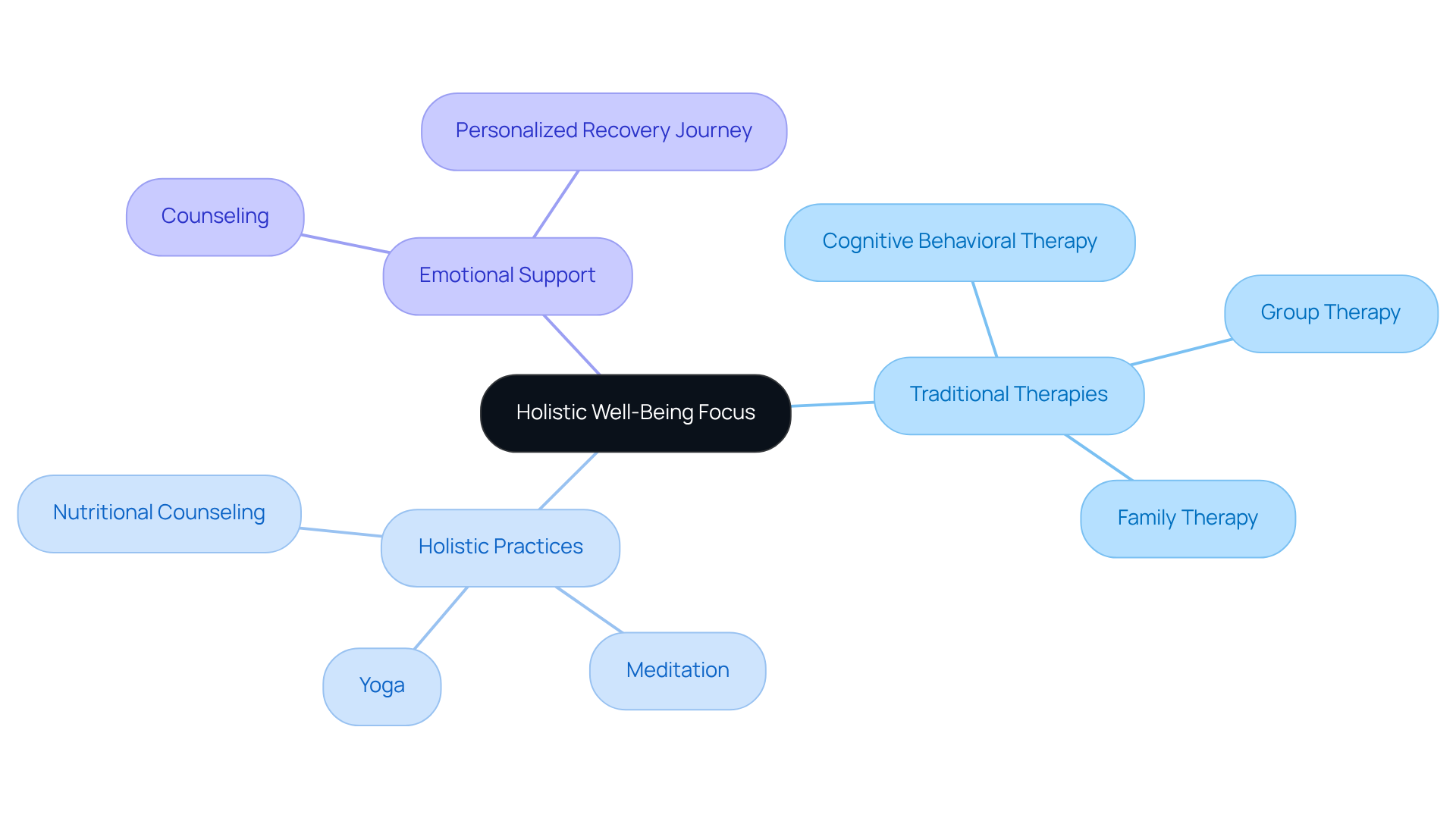 This mindmap illustrates how different aspects of well-being contribute to recovery from addiction. Start at the center with the main focus, then explore the branches to see how traditional therapies, holistic practices, and emotional support work together to create a comprehensive recovery experience.
