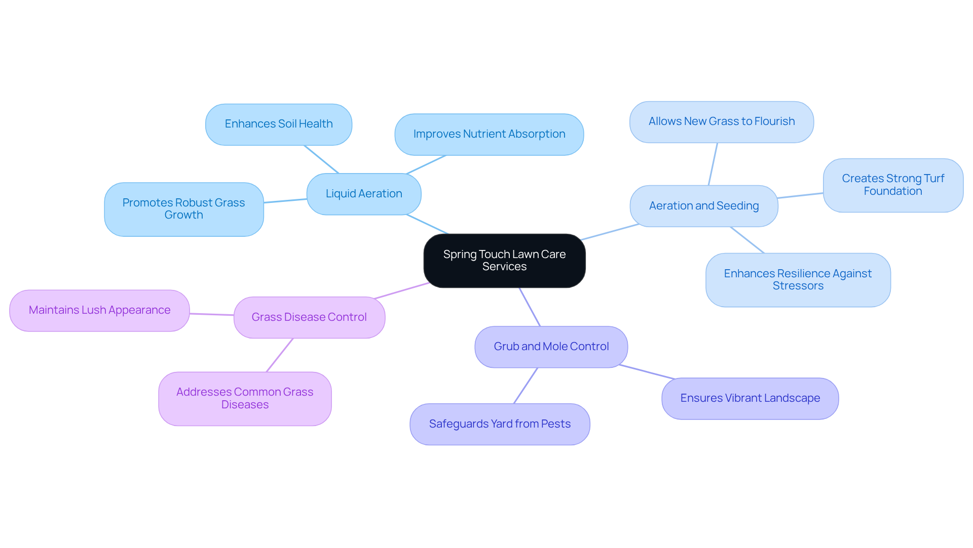 The central node represents the overall lawn care services, while each branch highlights a specific service. The sub-branches explain the benefits of each service, helping you understand how they contribute to a healthy lawn.