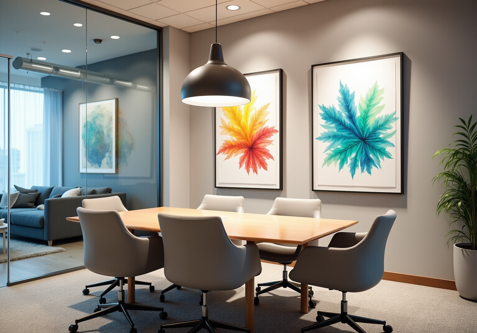 Vibrant Custom Watercolor Art in Modern Office Vibrant Custom Watercolor Art in Modern Office