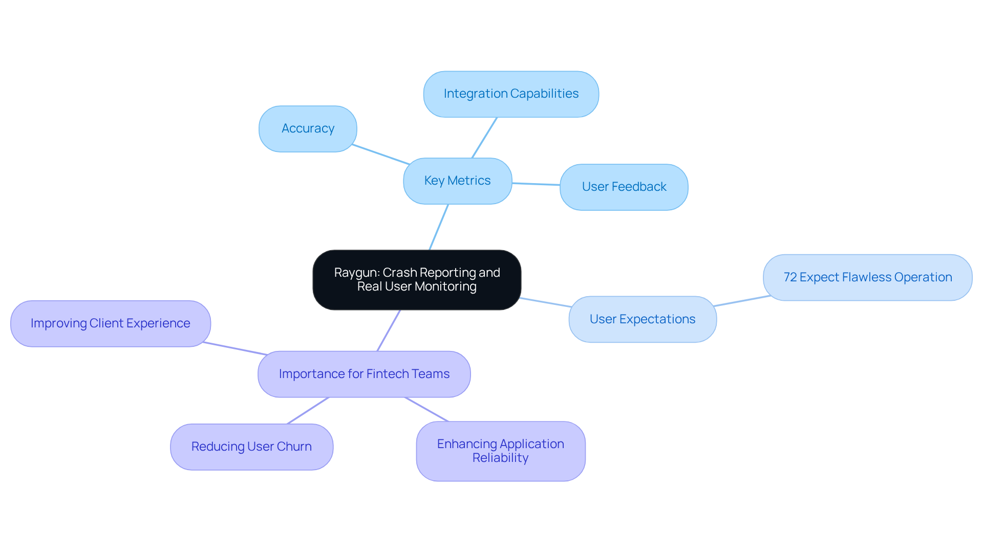 The center represents Raygun's role, while the branches show key metrics and user expectations. Each branch highlights important aspects that fintech teams should consider to maintain high-quality applications. The center represents Raygun's role, while the branches show key metrics and user expectations. Each branch highlights important aspects that fintech teams should consider to maintain high-quality applications.