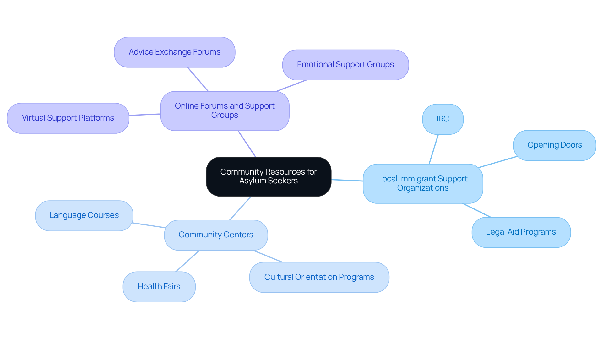 The central node represents the overall theme of community resources. Each branch shows a different type of resource, and the sub-branches provide specific examples or services offered, helping you see how these resources can support your asylum journey.