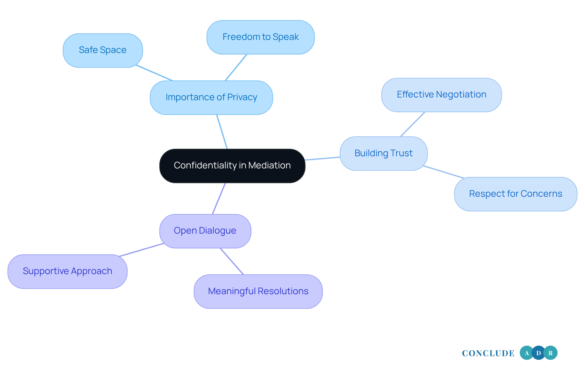 The central node represents the main theme of confidentiality, while the branches illustrate key aspects that contribute to a successful mediation process. Each color-coded branch helps you see how these elements work together to create a safe and trusting environment.