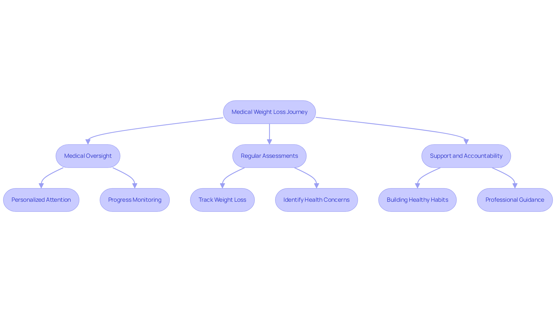 Follow the arrows to see how each step in the process connects. Starting from medical oversight, you'll see how regular assessments and support help individuals achieve their weight loss goals safely.