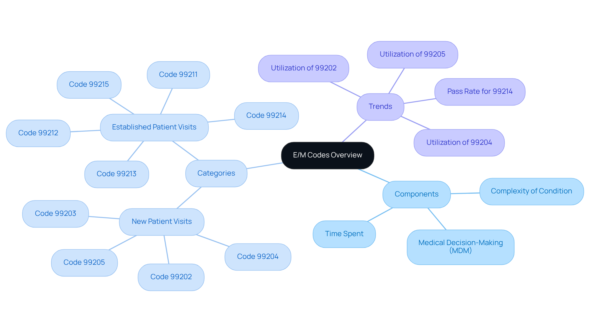 The central node represents the overall topic of E/M codes. Each branch shows a key area of focus, with sub-branches providing more detailed information. This layout helps you see how everything connects and understand the complexities involved in E/M coding.
