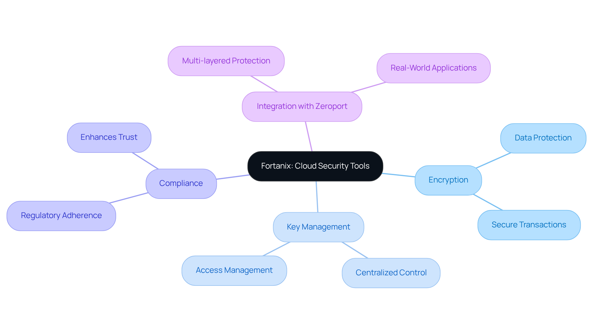 The central node represents Fortanix's tools, while the branches show key features and integrations. Each sub-branch provides more detail, helping you see how everything connects to the main idea of data protection.
