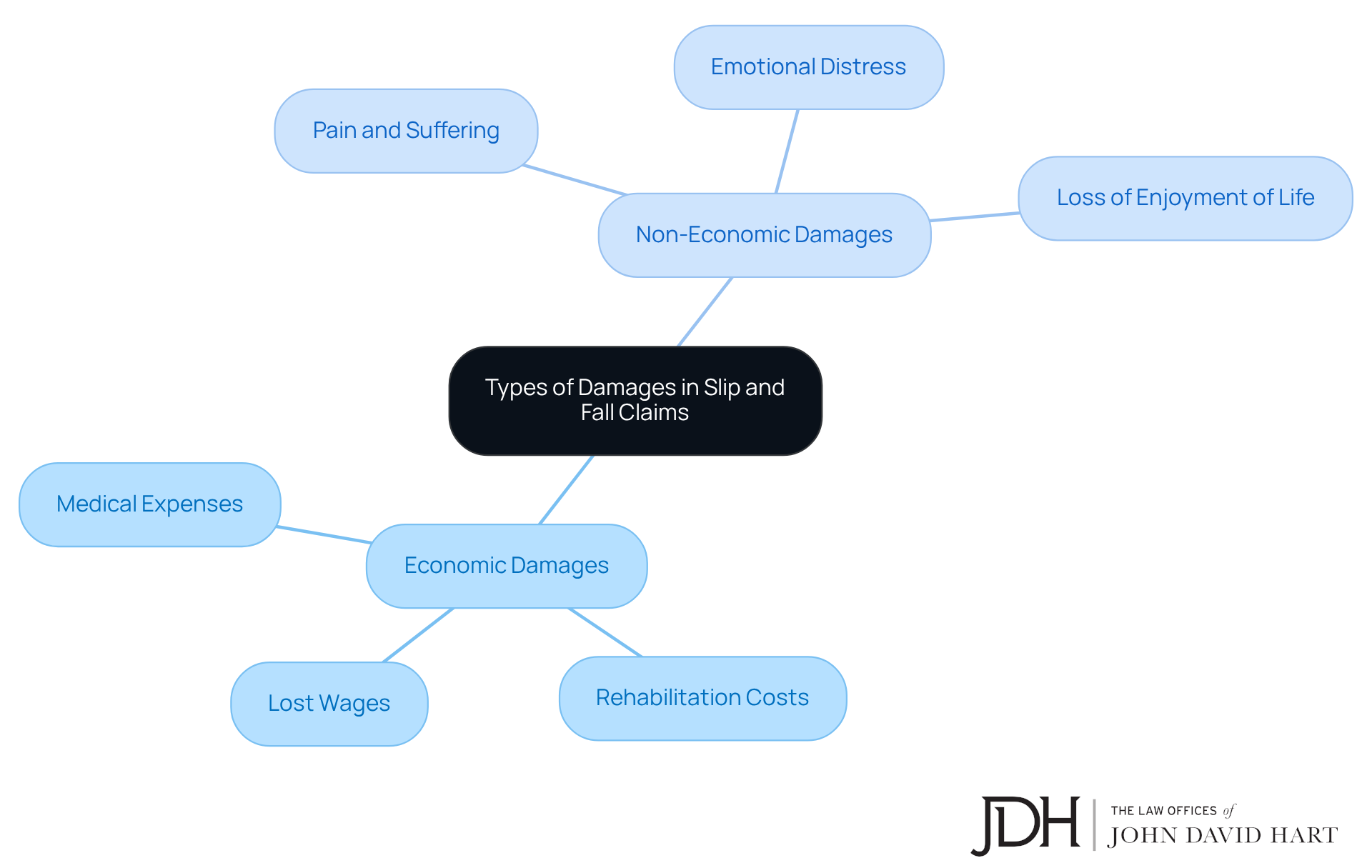 The central node represents the overall topic, while the branches show the two main categories of damages. Each sub-branch lists specific examples, helping you understand what types of compensation might be sought in these claims.
