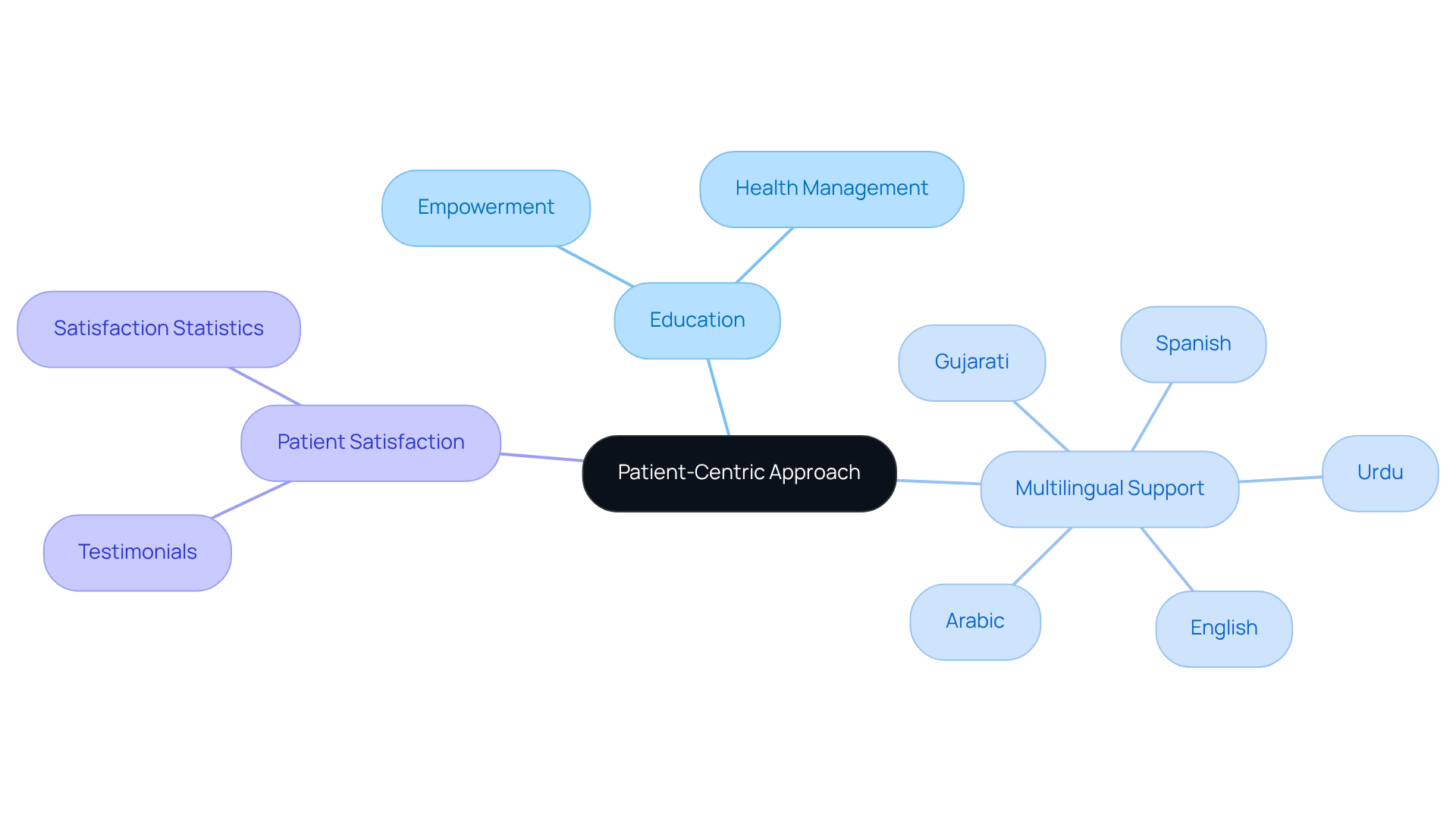 The center represents the main approach to patient care, with branches showing how education, language support, and satisfaction contribute to a positive healthcare experience.
