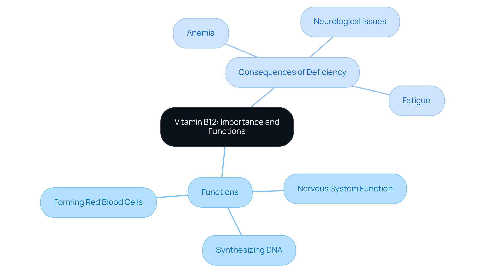 The central node represents Vitamin B12, with branches showing its key functions and what happens if we don't get enough. Each branch helps you see how important this vitamin is for our health.