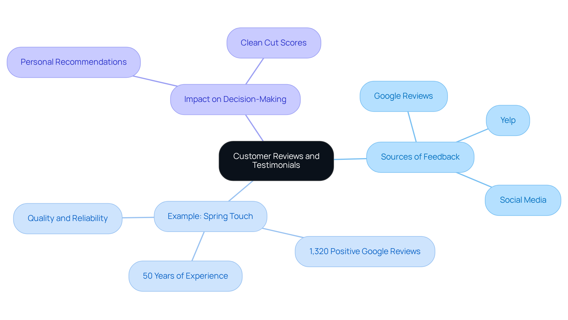 The center represents the main idea of customer reviews. Each branch shows different sources of feedback and examples, helping you see how they influence your choice of service.