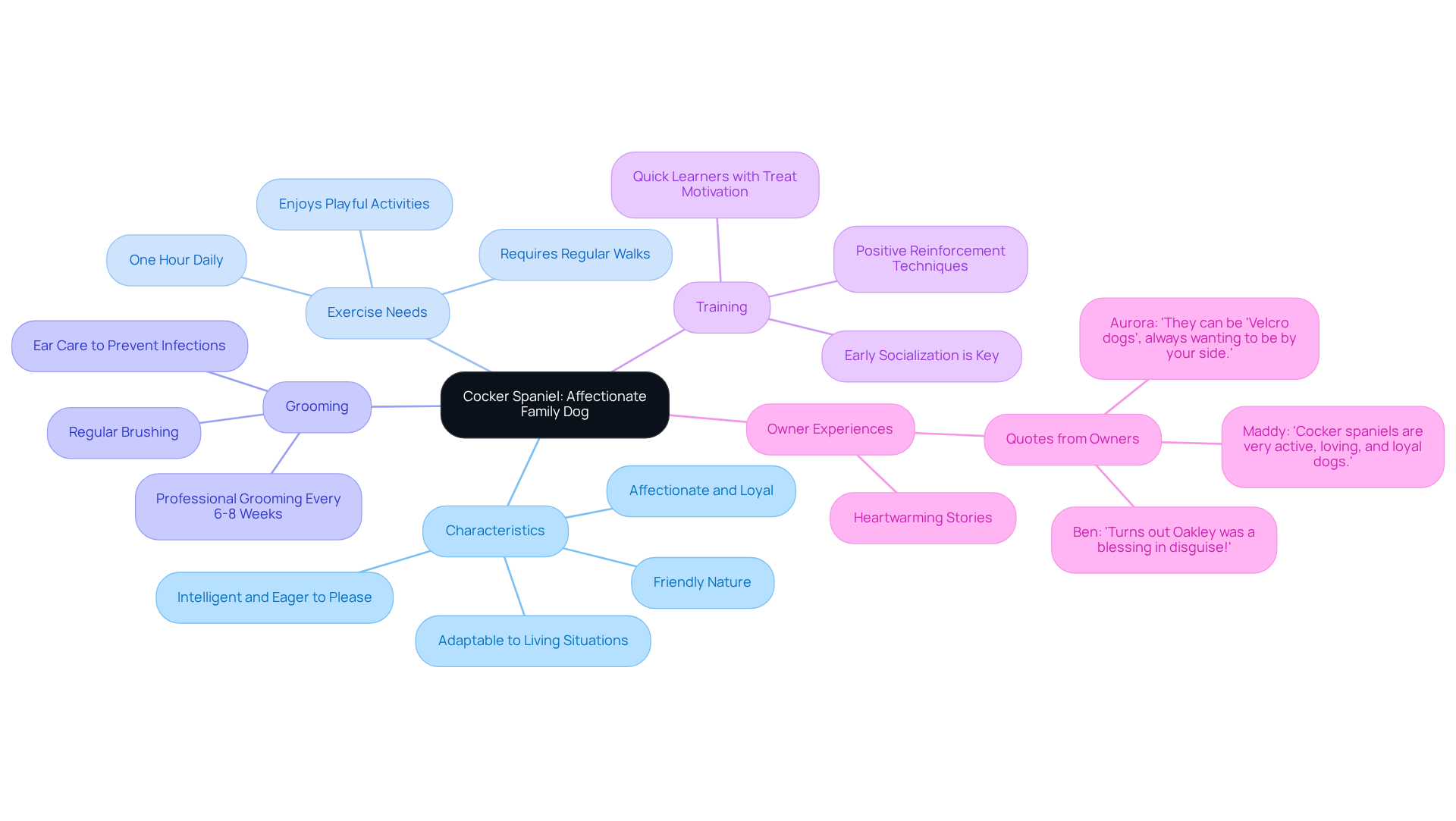 This mindmap starts with the Cocker Spaniel at the center, and branches out to show their traits, care needs, and the joys they bring to families. Each branch represents a key aspect of what makes Cocker Spaniels special.