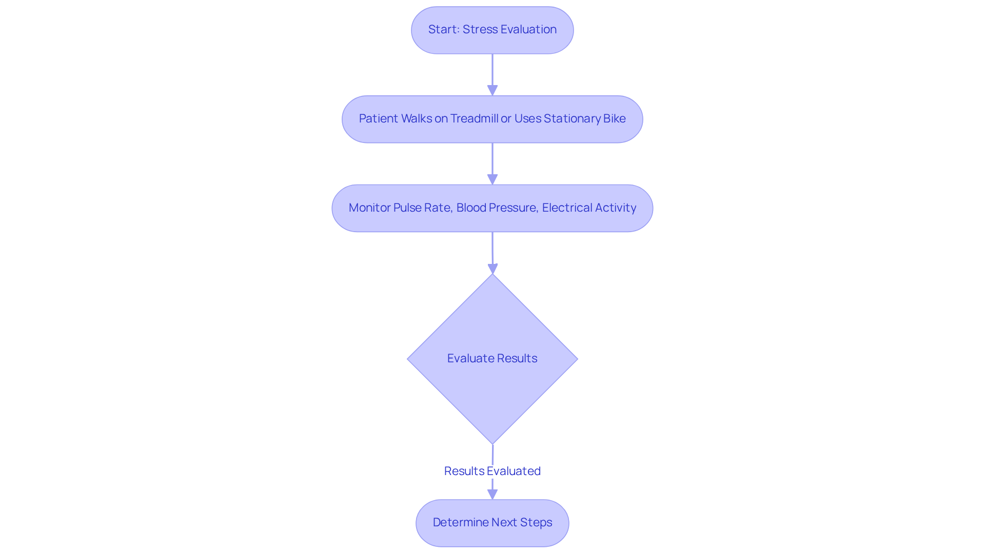 This flowchart outlines the steps involved in a stress evaluation. Start at the top and follow the arrows to see how the process unfolds, from the initial test to the evaluation of results and potential next steps based on those results.