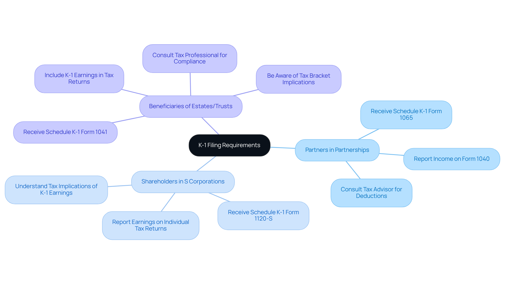 The central node represents the K-1 filing process, while the branches show different groups that need to file and their specific responsibilities. Follow the branches to see how each group is connected to the K-1 document. The central node represents the K-1 filing process, while the branches show different groups that need to file and their specific responsibilities. Follow the branches to see how each group is connected to the K-1 document.
