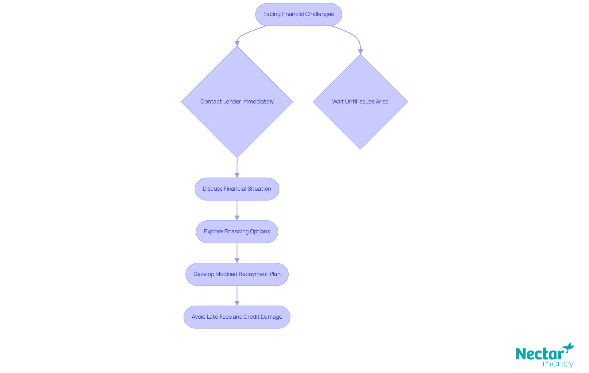 This flowchart outlines the steps you can take when facing financial difficulties. It starts with the decision to communicate with your lender and shows how that conversation can lead to various solutions.