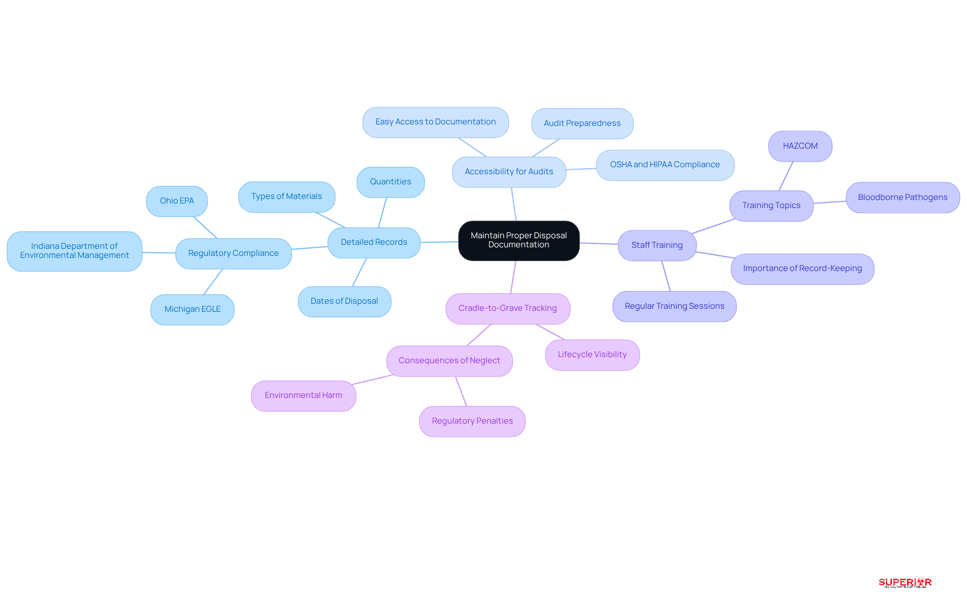 The central node represents the main topic, while the branches show key areas of focus. Each sub-branch provides additional details or actions related to that area, helping you understand the importance of proper documentation in waste management.