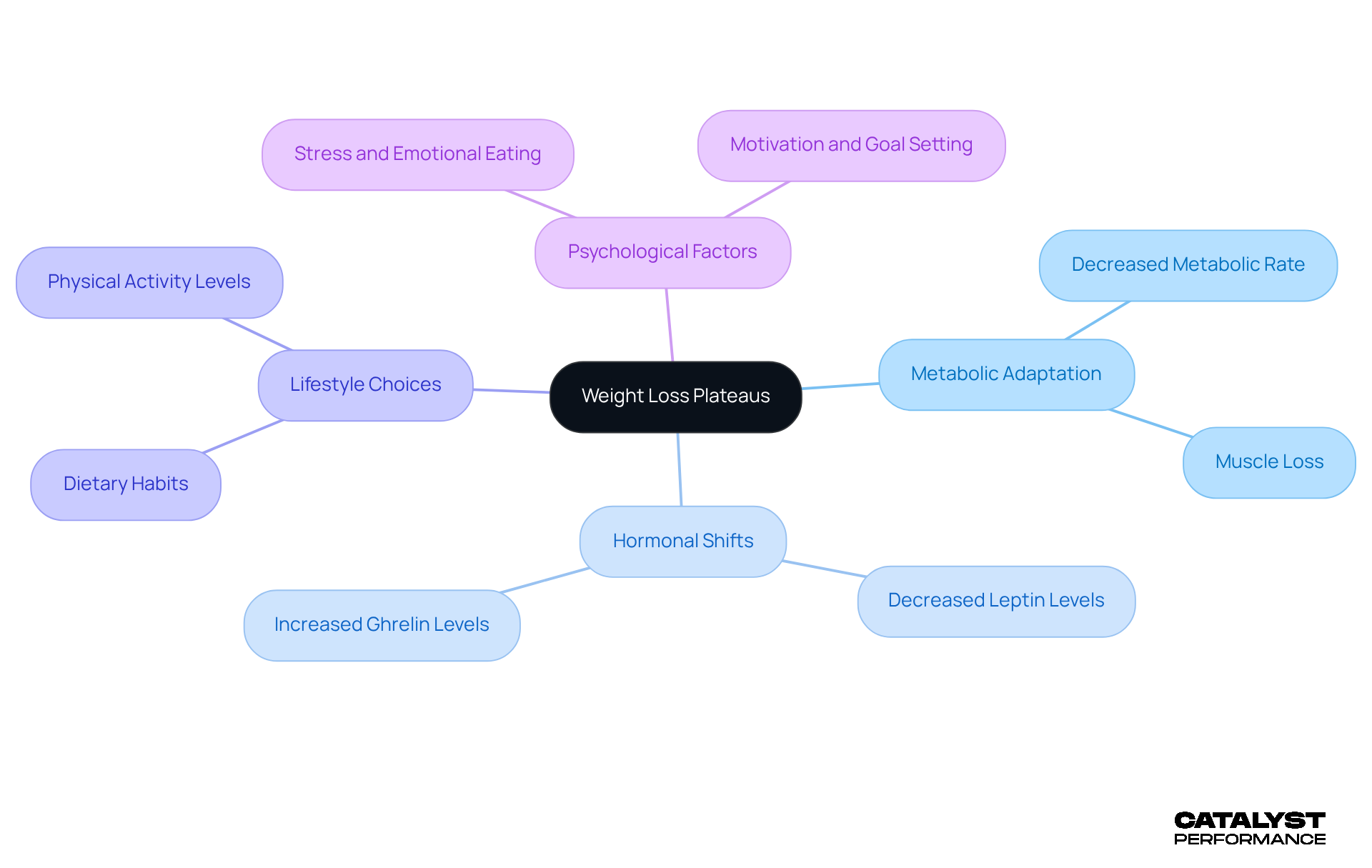 The central node represents the main topic of weight loss plateaus. Each branch shows a different cause or factor contributing to the plateau, with further details provided in sub-branches. This structure helps you see how various elements are interconnected and can guide your understanding of the weight loss journey.