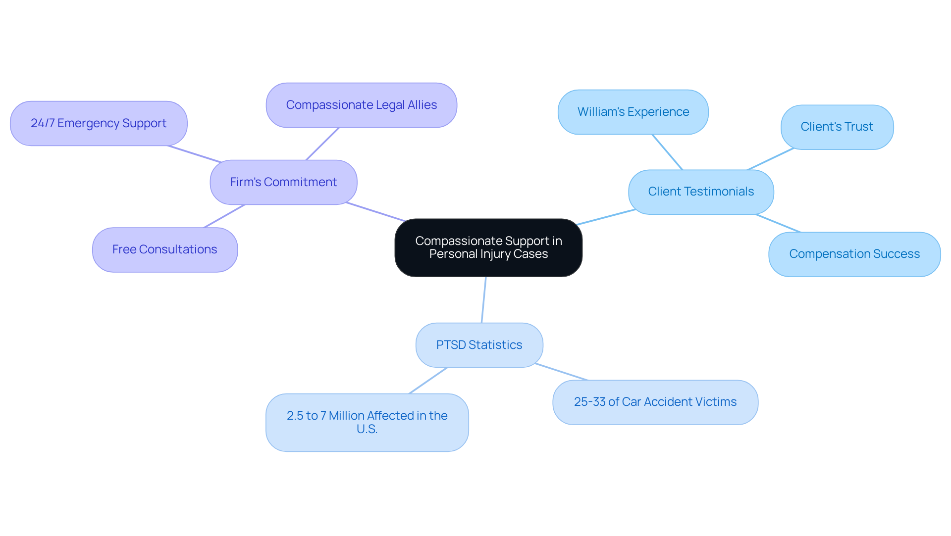 The center represents the main theme of support in personal injury cases, with branches showing different aspects like client stories, statistics on PTSD, and the law firm's promises to clients.