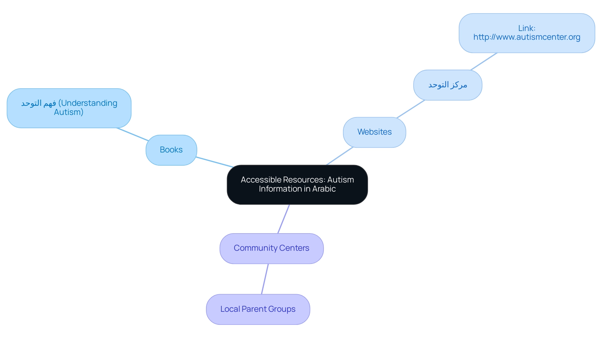 The central node represents accessible resources, with branches indicating specific categories: Books (blue), Websites (green), and Community Centers (orange).