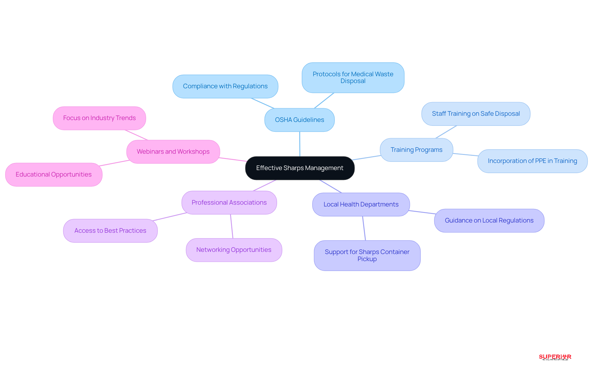 The central node represents the main topic of sharps management. Each branch shows a different resource category, and the sub-branches provide more details about what each resource entails. This layout helps you see how various resources connect to improve sharps management practices. The central node represents the main topic of sharps management. Each branch shows a different resource category, and the sub-branches provide more details about what each resource entails. This layout helps you see how various resources connect to improve sharps management practices.