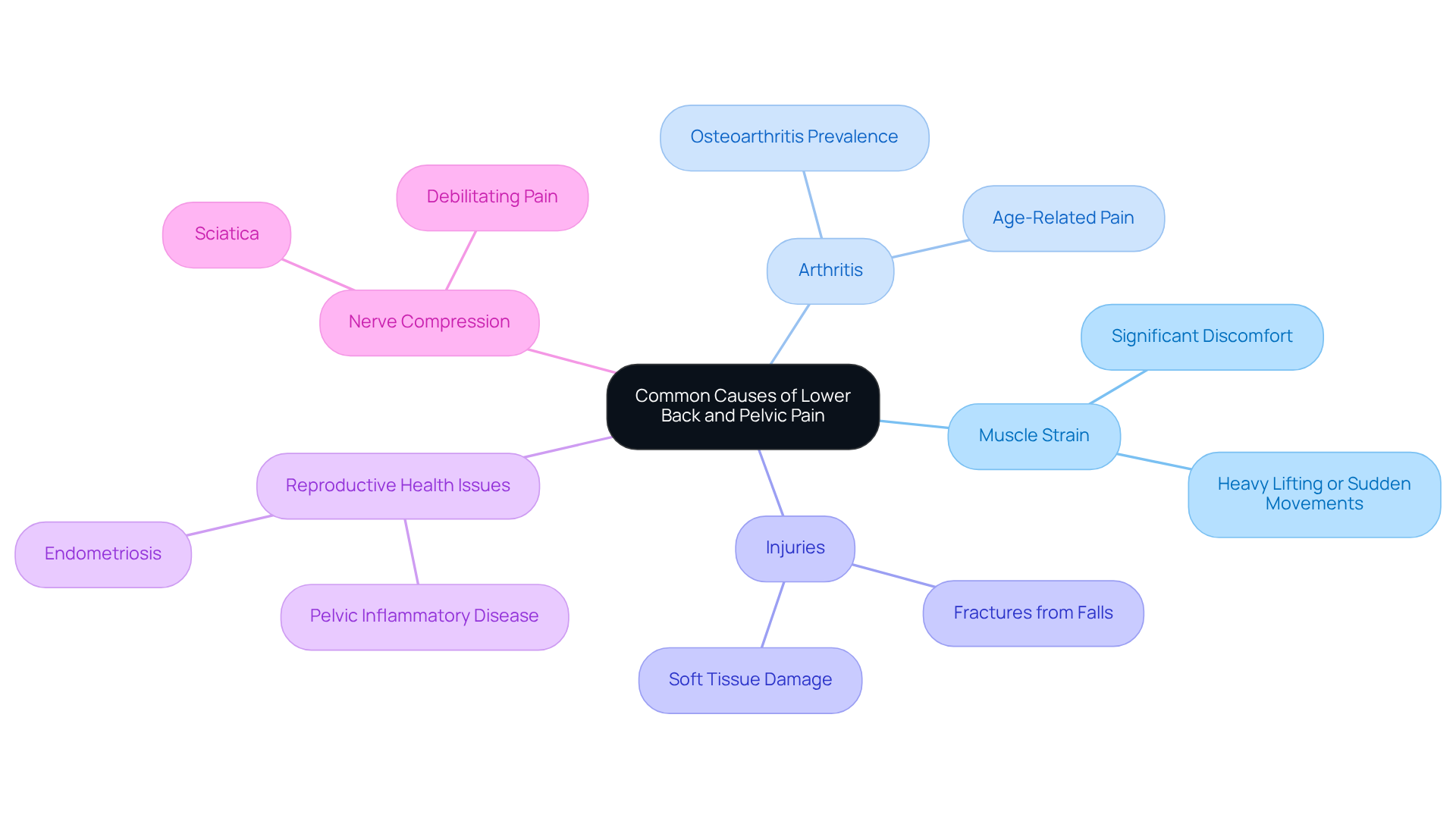 The central node represents the main topic, while each branch shows a specific cause of pain. The descriptions help explain each cause, making it easier to understand how they relate to lower back and pelvic pain. The central node represents the main topic, while each branch shows a specific cause of pain. The descriptions help explain each cause, making it easier to understand how they relate to lower back and pelvic pain.