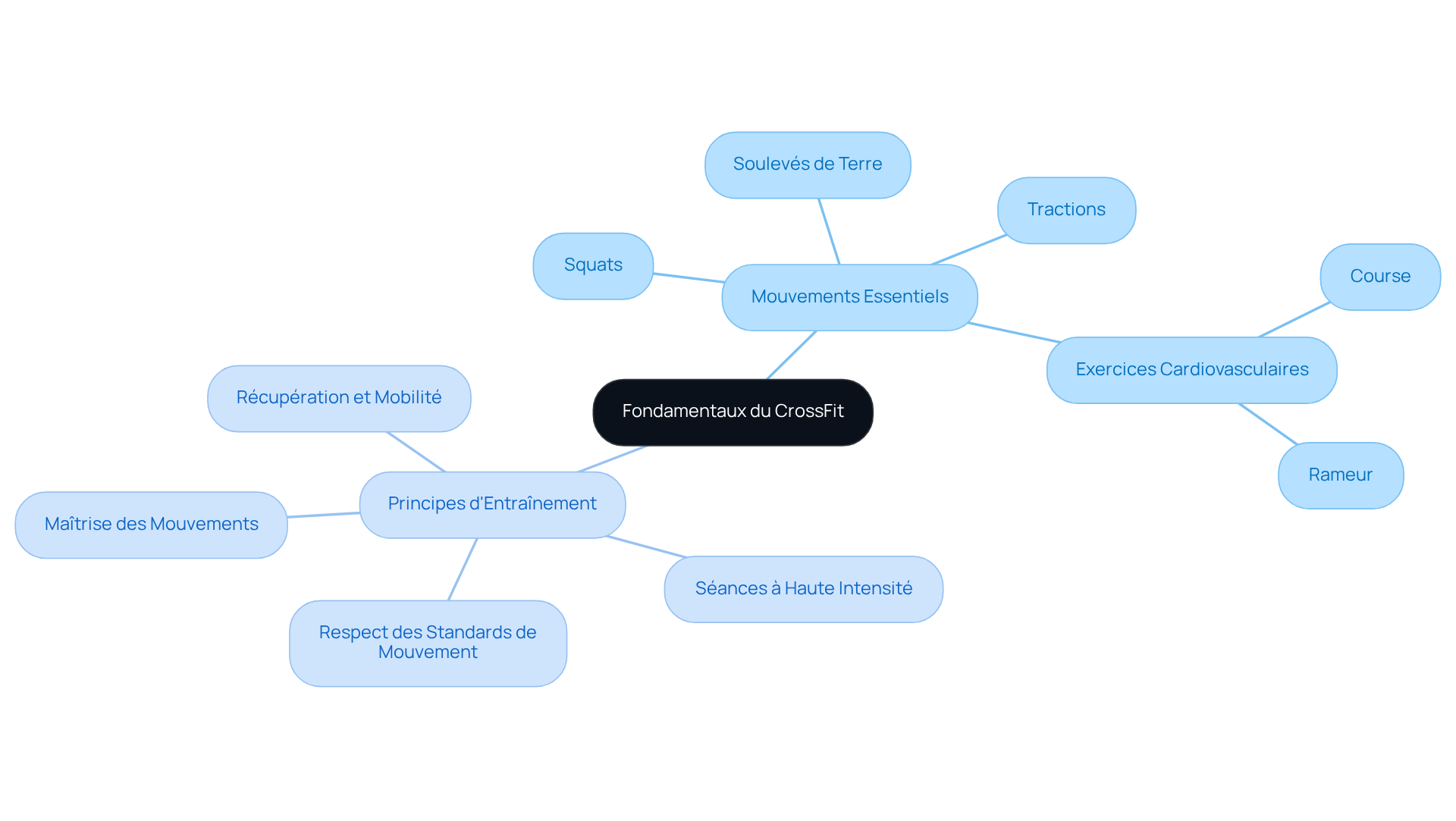 Commencez au centre avec le CrossFit, puis suivez les branches pour explorer les mouvements essentiels et les principes d'entraînement qui vous aideront à optimiser votre performance.