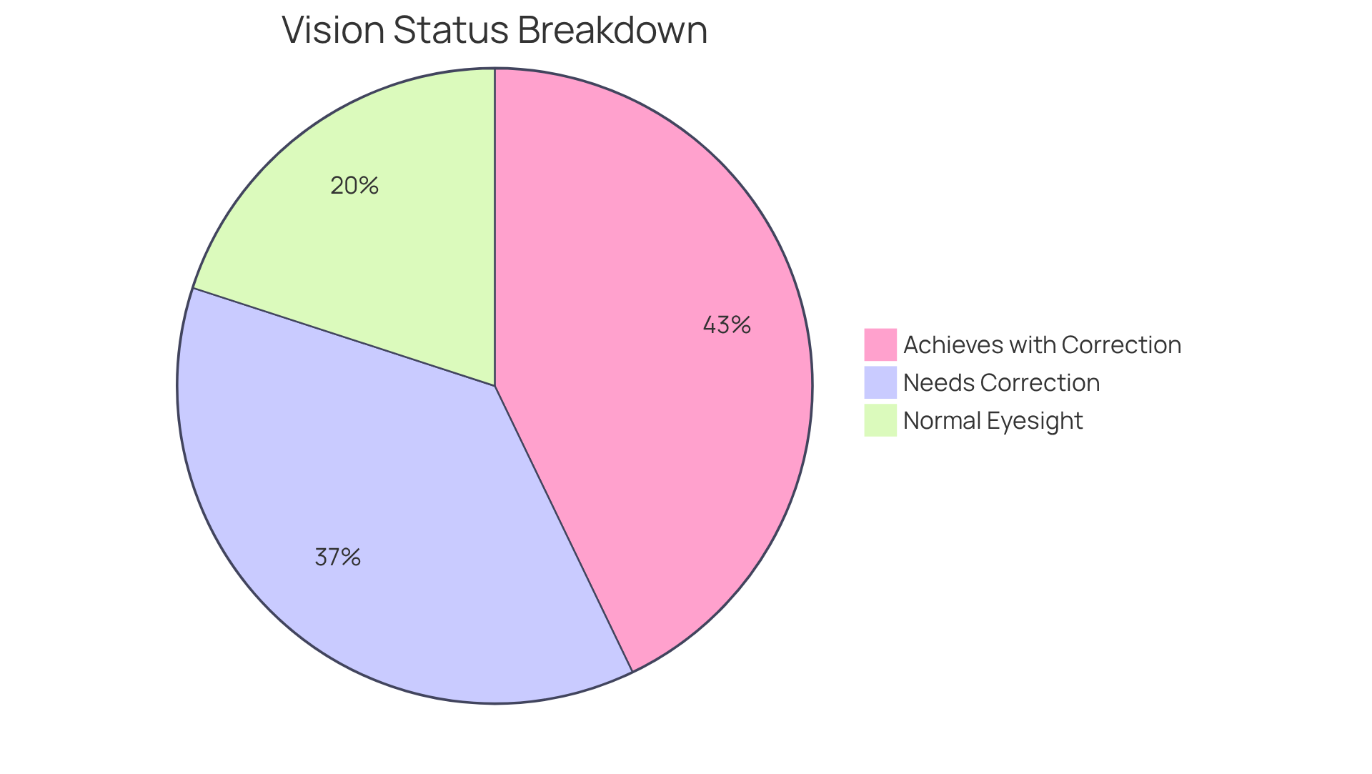 This chart shows how many adults have normal eyesight without glasses, how many need glasses, and how many can achieve normal eyesight with the right support. The bigger the slice, the more people fall into that category.