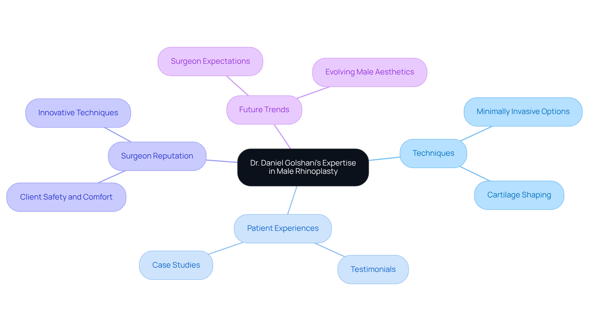 The central node represents Dr. Golshani's expertise, while the branches show different aspects of his practice. Each color-coded branch helps you navigate through techniques, patient stories, and future expectations in male rhinoplasty.