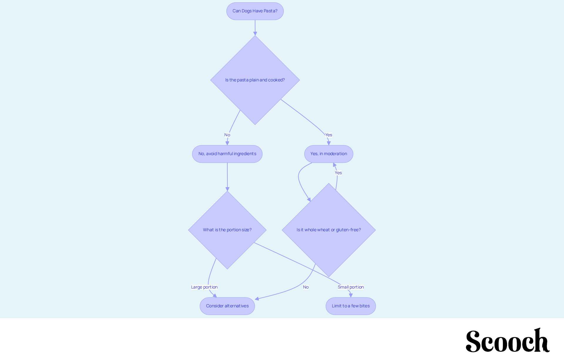 Follow the arrows to see the steps and questions to consider before sharing pasta with your dog. Each box helps you decide if it's safe and healthy for your furry friend.
