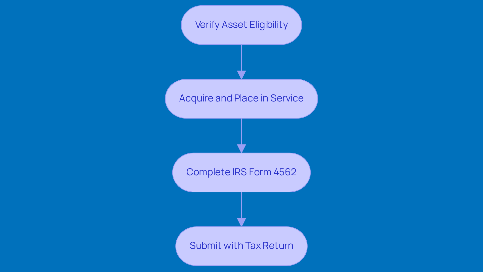 Each box represents a step in the process of claiming bonus depreciation. Follow the arrows to see how to move from verifying your asset to submitting your tax return.