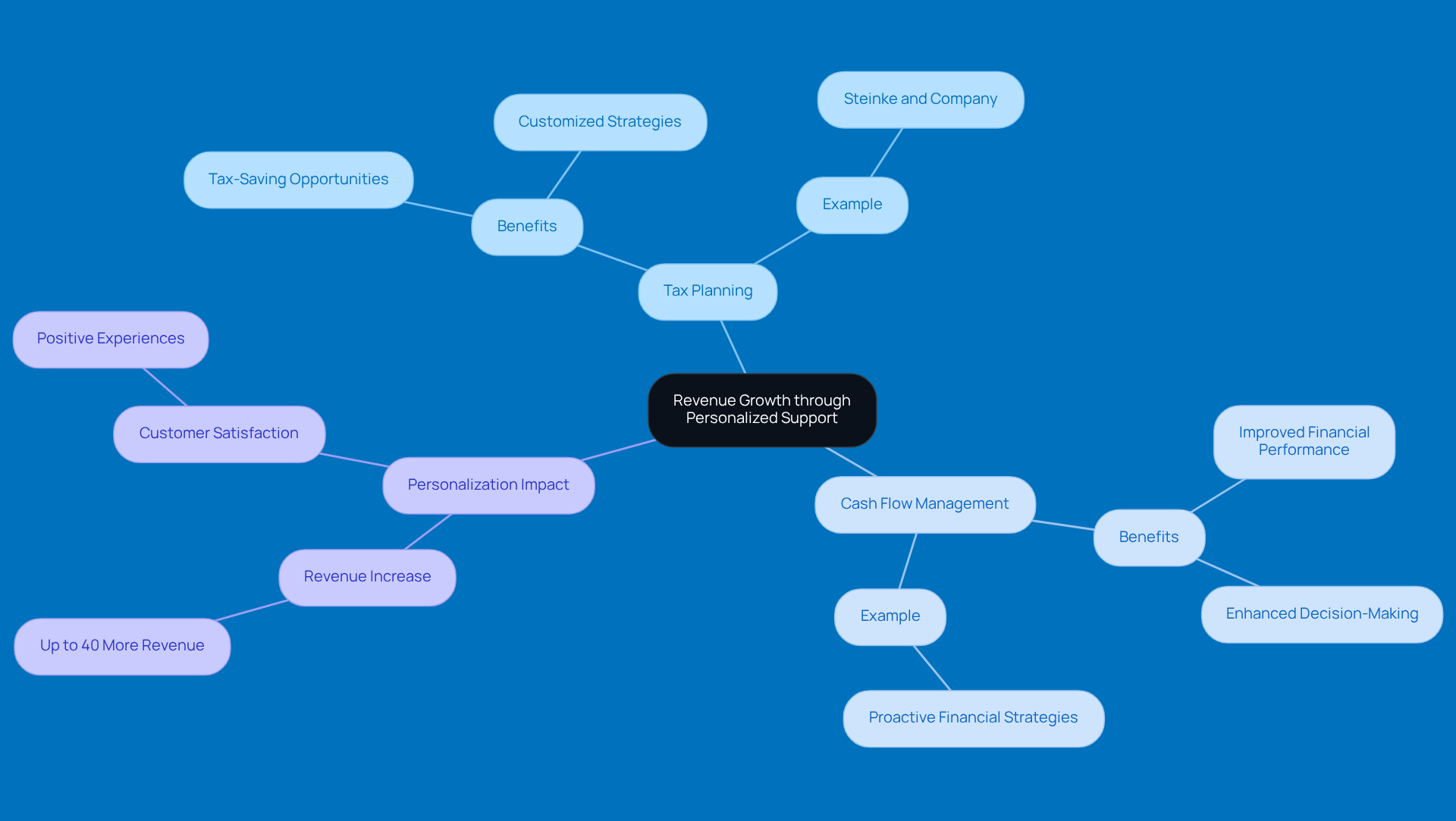 The central idea is about how personalized business support drives revenue growth. Branches show different strategies and their impacts, making it easy to see how each part contributes to the overall success.