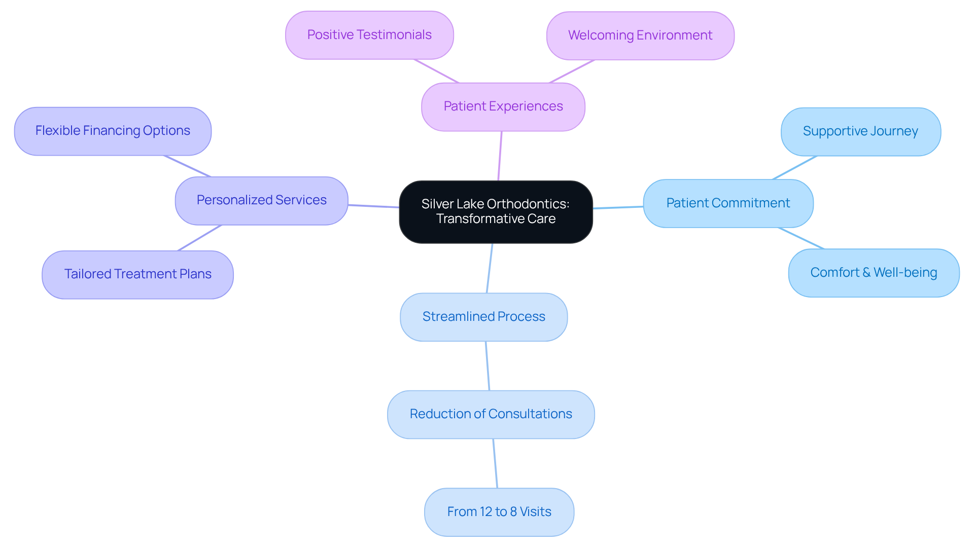 This mindmap illustrates how Silver Lake Orthodontics prioritizes patient care. Start at the center with their commitment, then explore how they streamline processes and personalize services, all while ensuring a supportive experience for every patient.