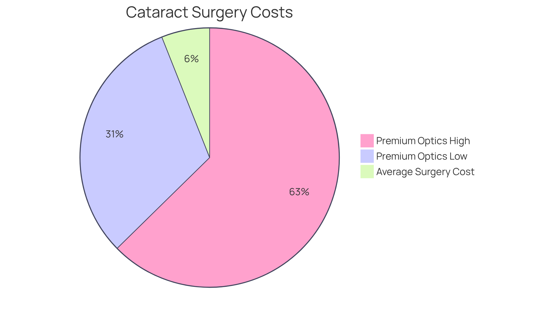 Each slice of the pie shows a different cost associated with cataract surgery. The larger the slice, the more significant that cost is in relation to the total expenses. This helps you understand where your money will go.