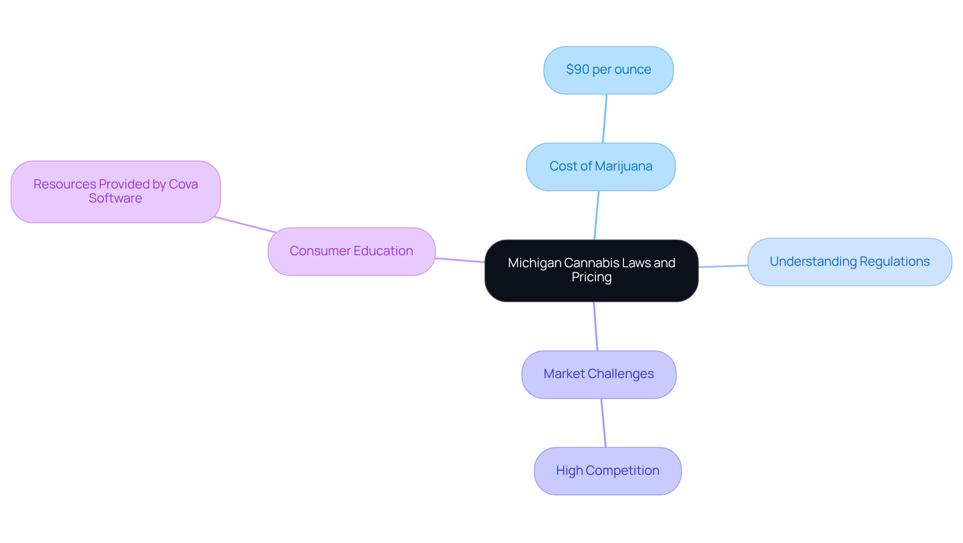 The center represents the overarching theme, and each branch highlights important aspects — follow the branches to see how the laws affect pricing and what resources are available for consumers.