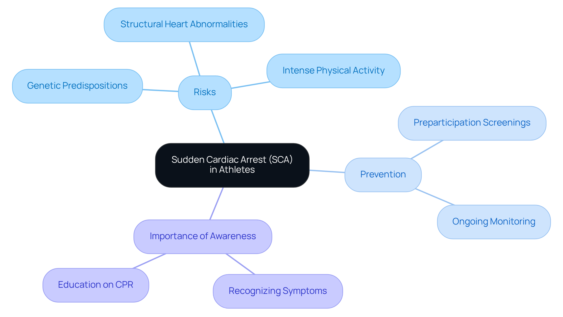 The central node represents the main topic of SCA, while the branches show the different aspects related to it. Each risk factor and preventive measure is connected to help visualize how they relate to the overall issue, making it easier to understand the importance of awareness and action. The central node represents the main topic of SCA, while the branches show the different aspects related to it. Each risk factor and preventive measure is connected to help visualize how they relate to the overall issue, making it easier to understand the importance of awareness and action.