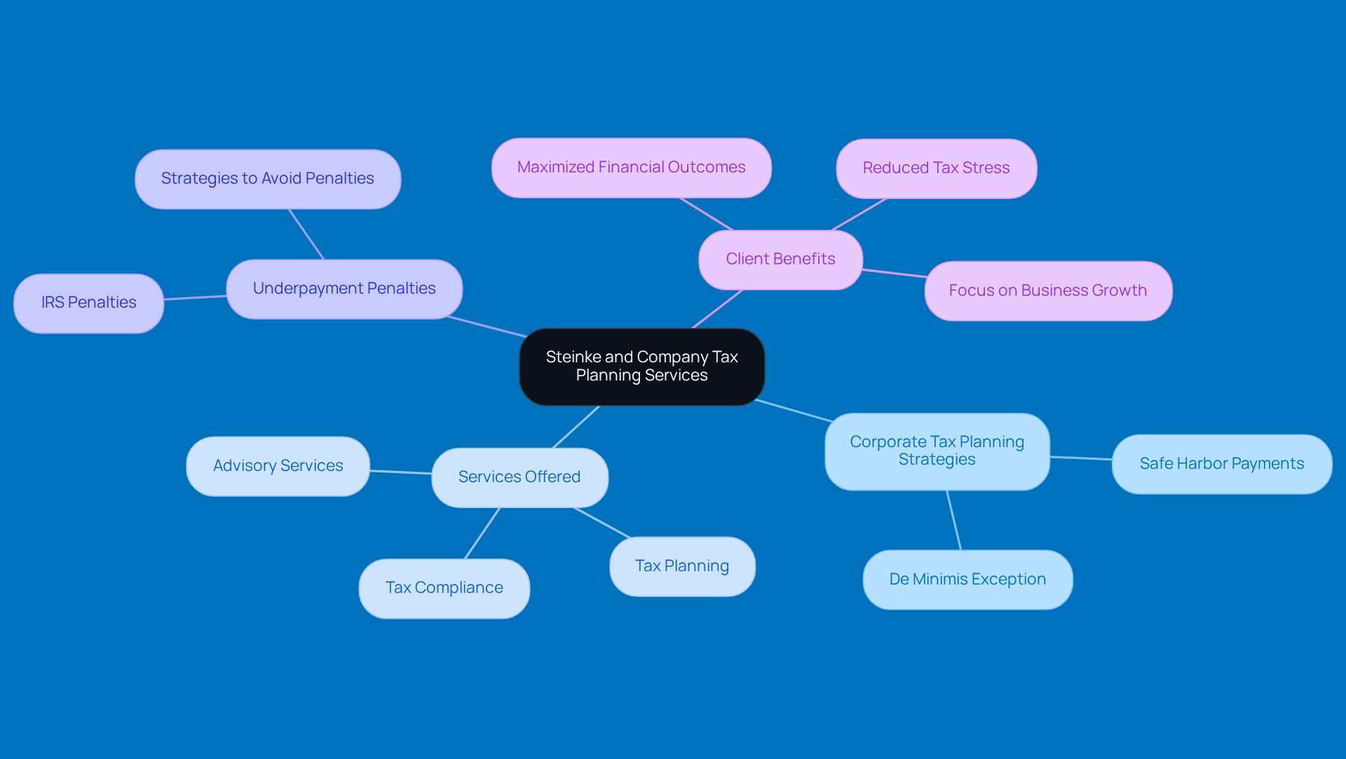 The center represents Steinke and Company's main service area, with branches showing specific strategies, services, and the benefits to clients. Each color-coded branch highlights a different aspect of their tailored approach to tax planning.