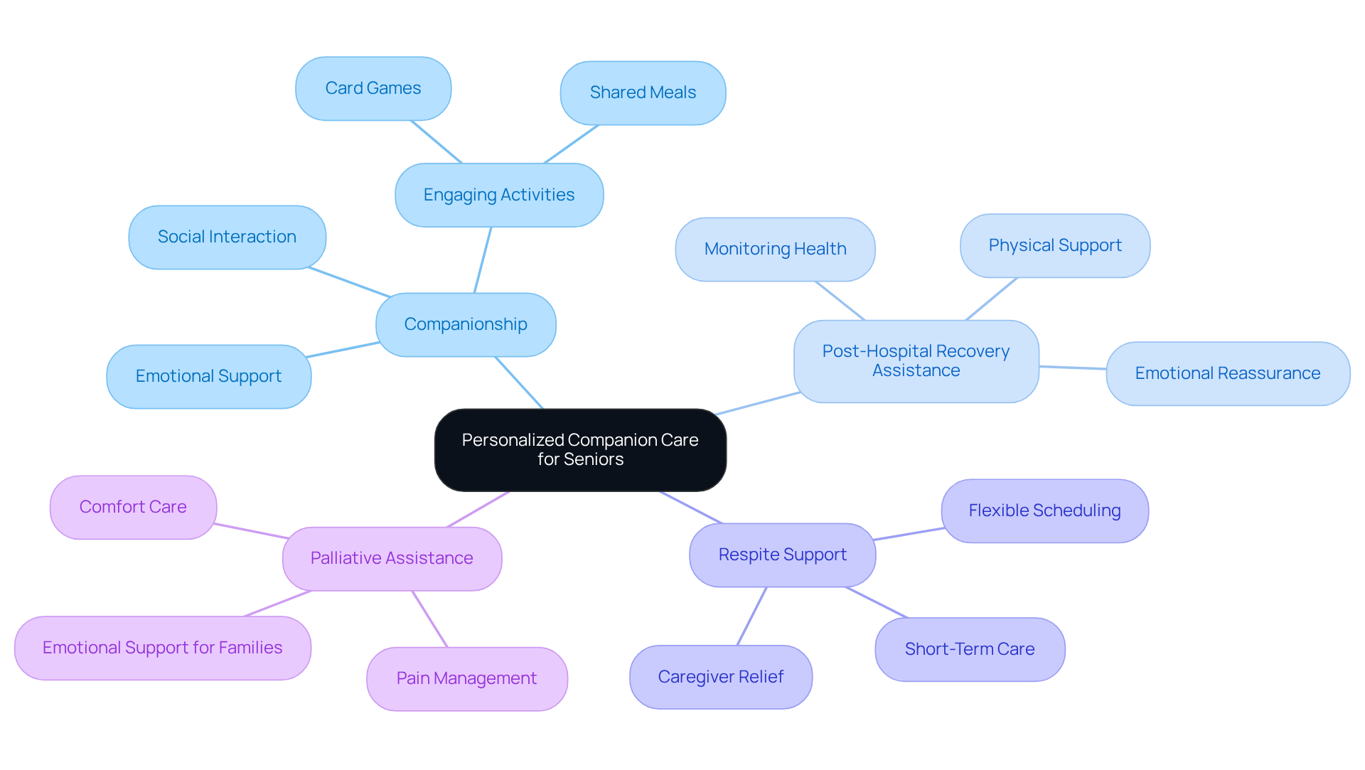 The center represents the main theme of companion care, while the branches show different types of services that help seniors feel connected and supported — explore each branch to see how they contribute to a better quality of life.