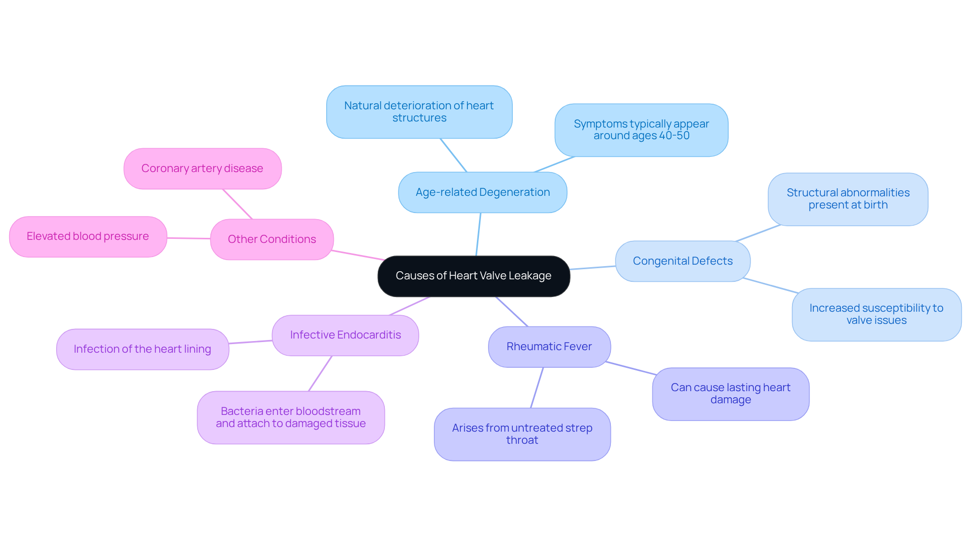 The central node represents the main topic, while the branches show the different causes and contributing factors. Each color-coded branch helps you identify how these factors relate to heart valve leakage.
