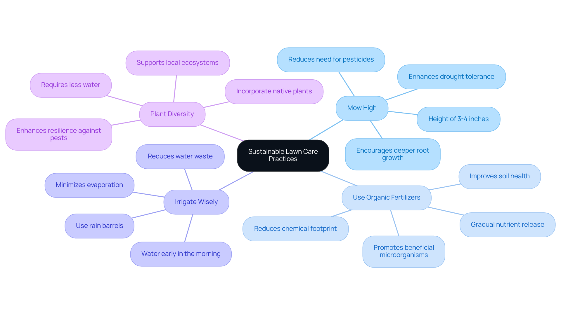 The central node represents the overall goal of sustainable lawn care, while each branch shows a specific practice. The sub-branches explain how each practice benefits both your lawn and the environment, making it clear how they all connect.