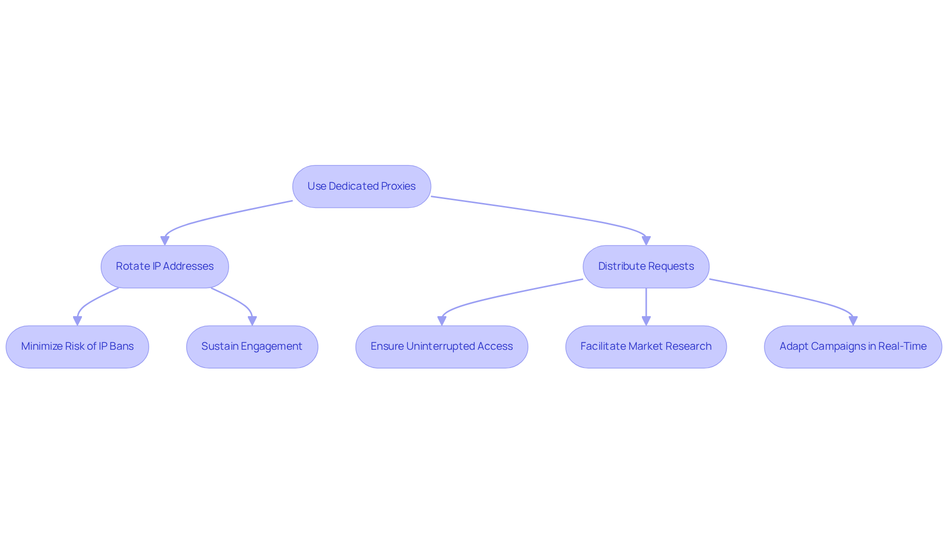 Follow the arrows to see how using dedicated proxies leads to rotating IPs and distributing requests, which helps avoid bans and keeps your campaigns running smoothly.