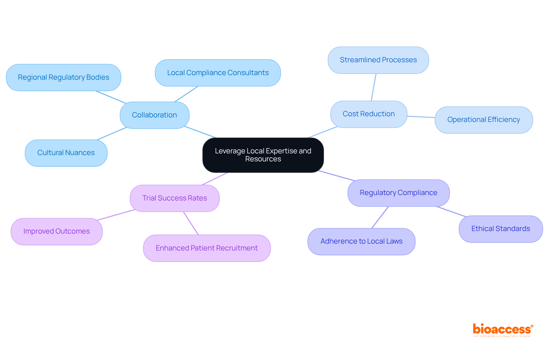 Start at the center with the main idea of leveraging local expertise, then follow the branches to explore how collaboration and local resources enhance research efficiency and compliance.