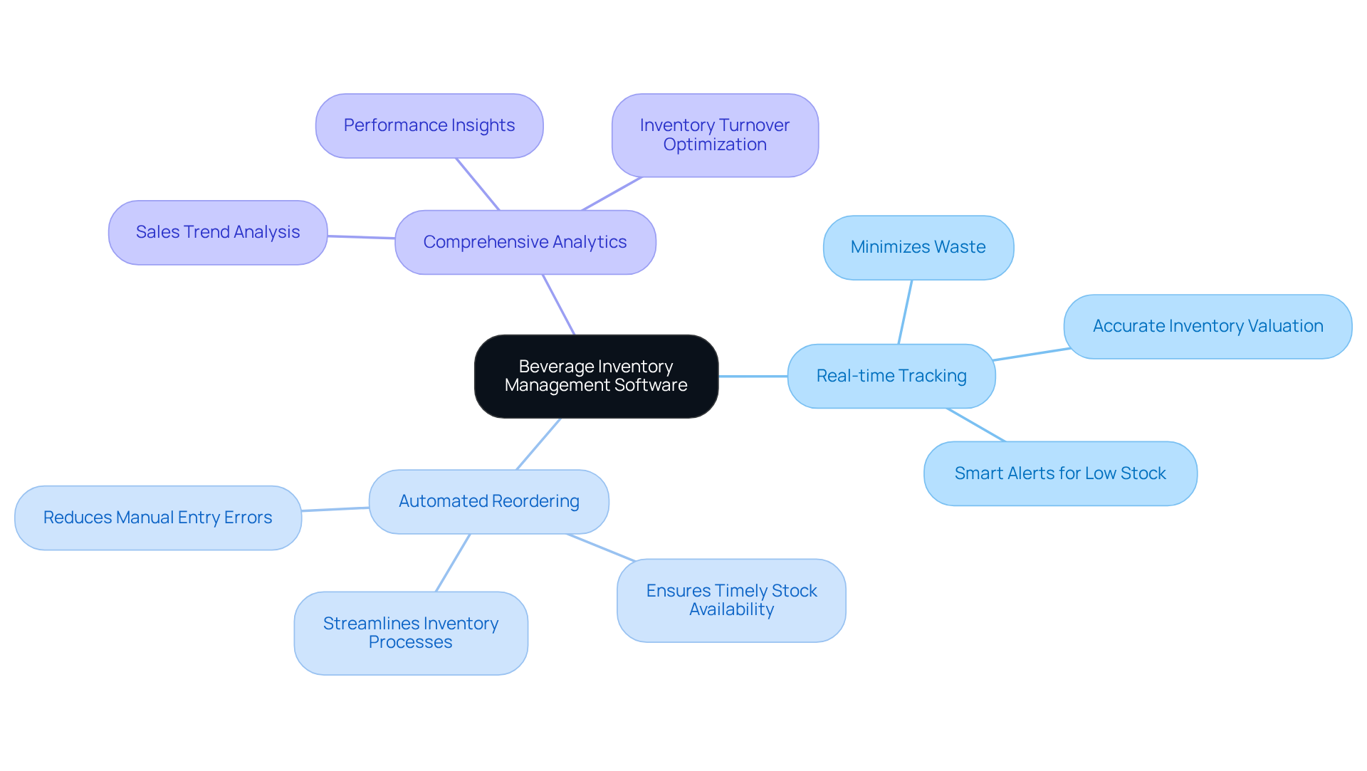 The central node represents the software, while the branches show its key features. Each feature helps liquor retailers optimize their inventory and improve profitability.