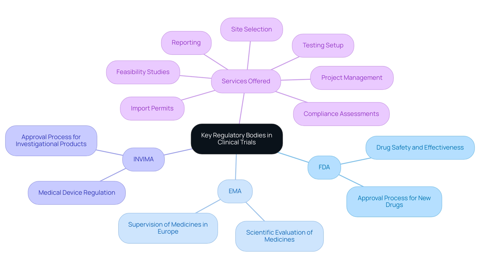 Each color represents a different regulatory body (FDA, EMA, INVIMA) and their associated roles and services.